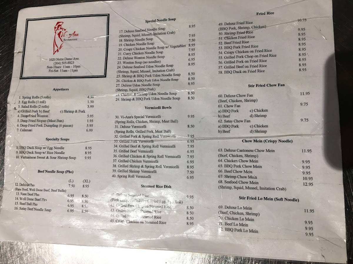 Menu at Vi-Ann Restaurant, Winnipeg, Notre Dame Ave