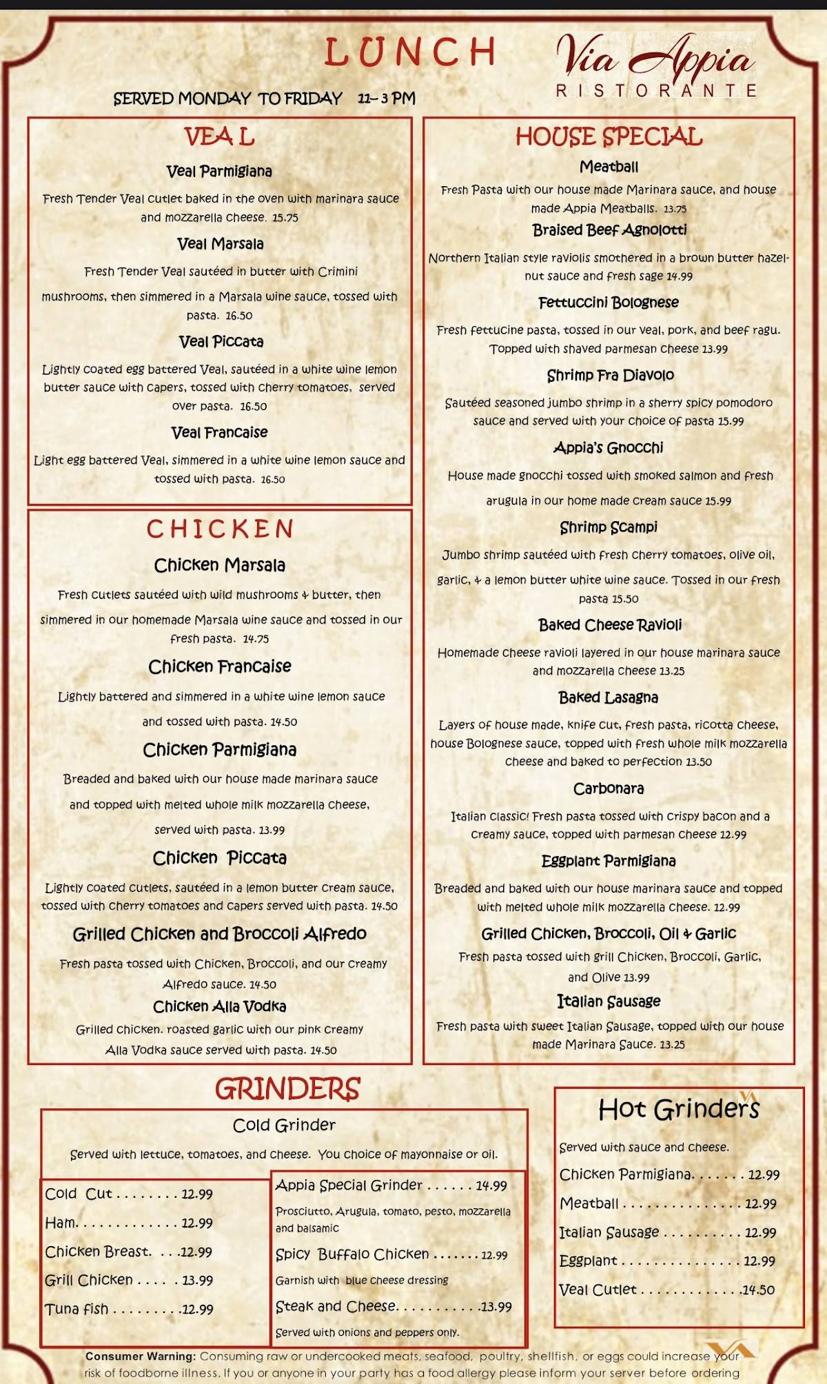 Menu at Via Appia Ristorante restaurant, Wilbraham