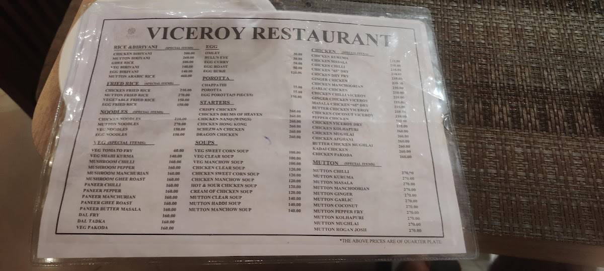 Menu at Viceroy Restaurant, Kasaragod