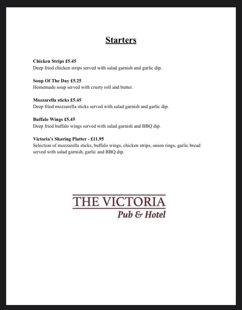 Menu at Victoria Pub, Saltburn-by-the-Sea, 3-5 Dundas St E