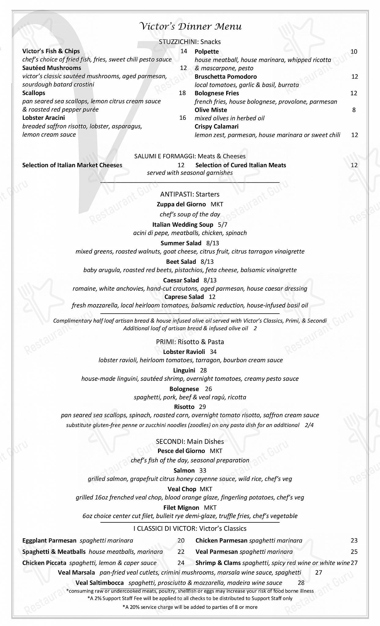 Menu at Victor's Italian Restaurant, York