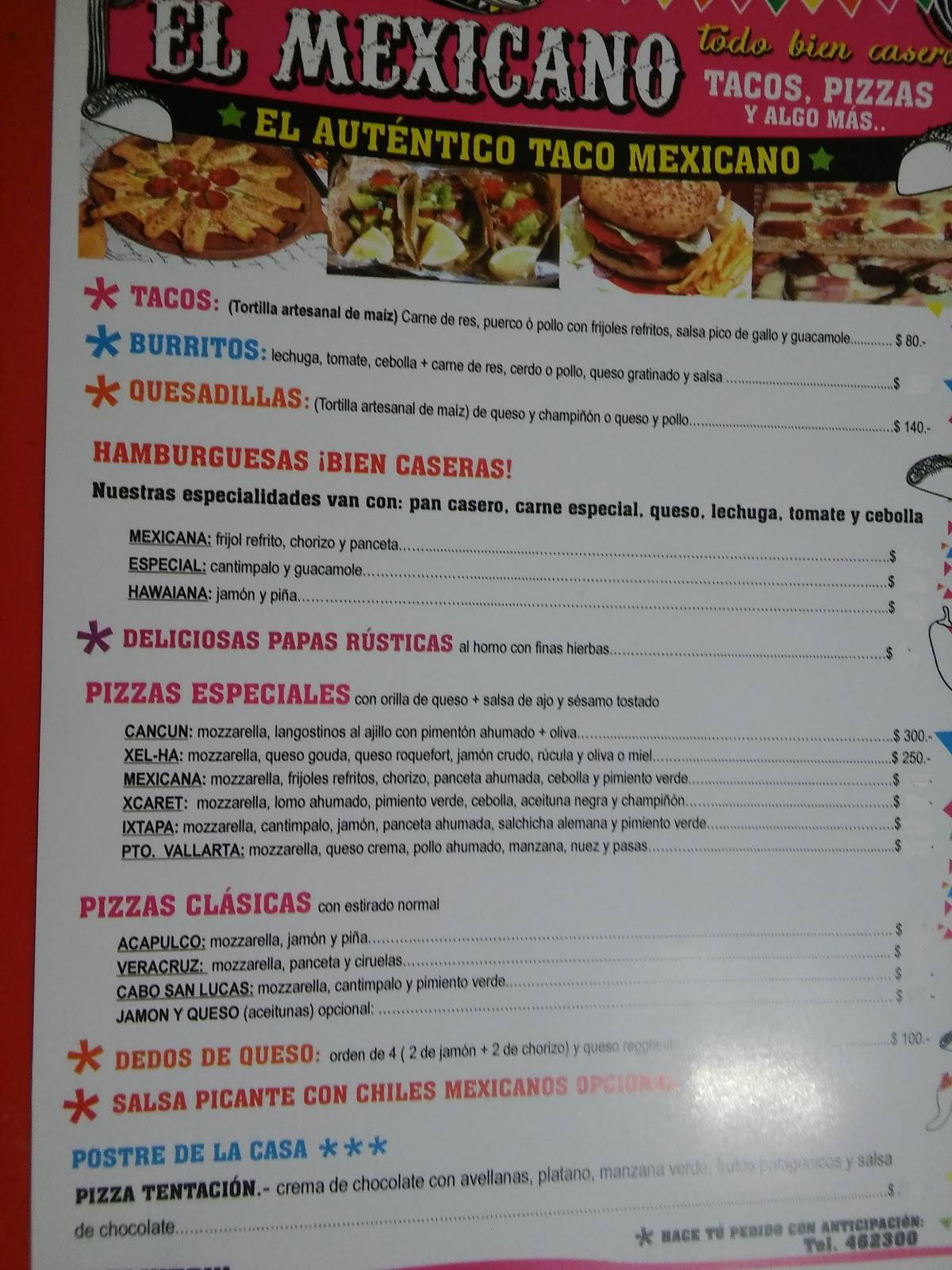 Carta del restaurante El Mexicano, Viedma