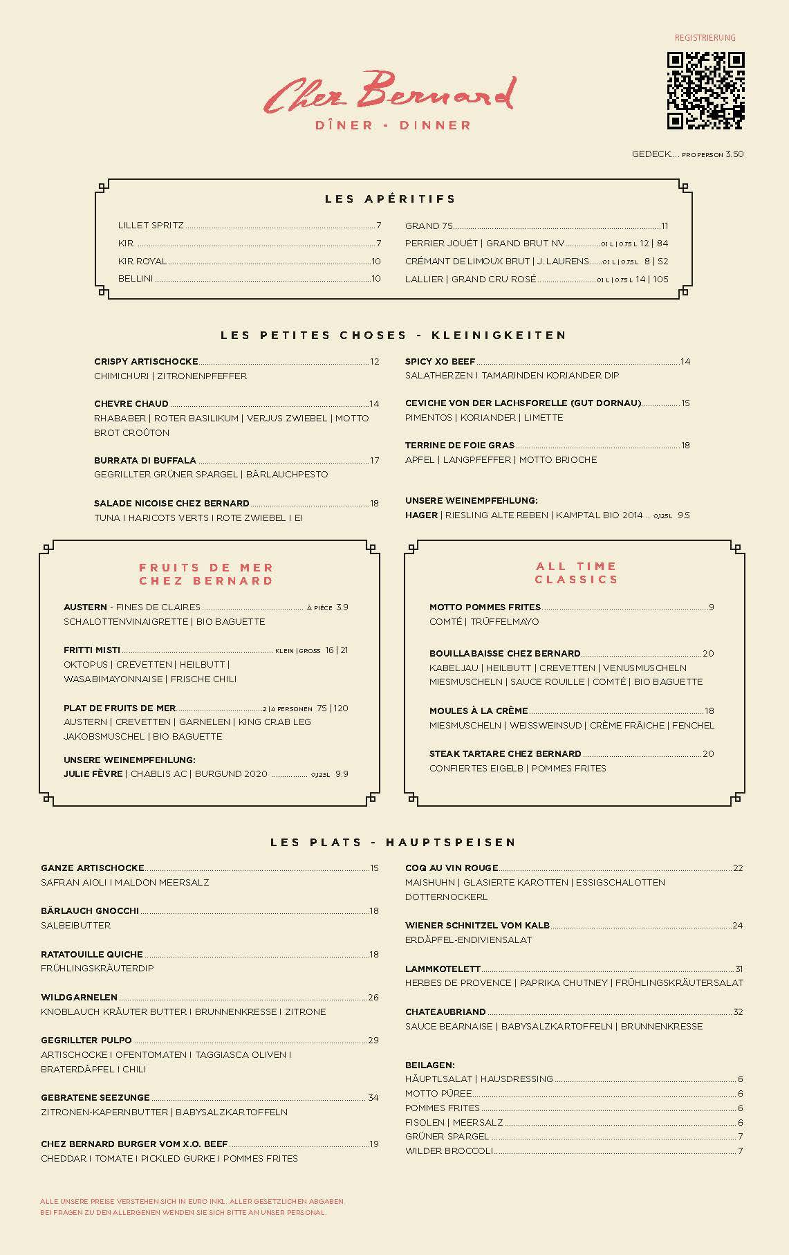 Menu au CHEZ BERNARD Restaurant et Bar, Vienne