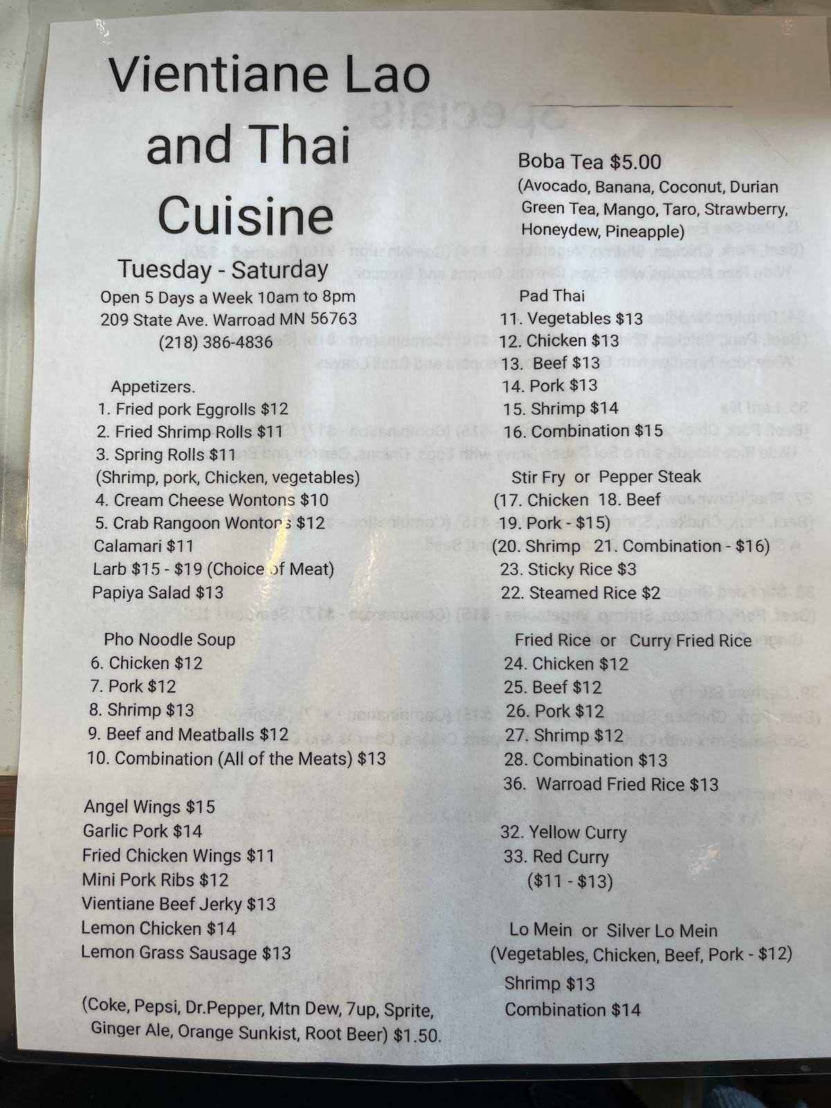 Menu at Vientiane Lao & Thai Cuisine restaurant, Warroad
