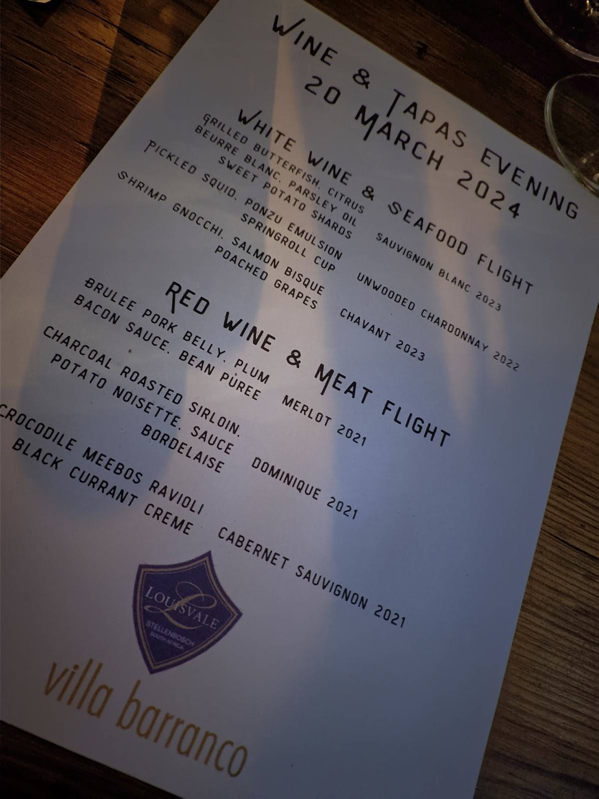 Menu at Villa Barranco, Pretoria