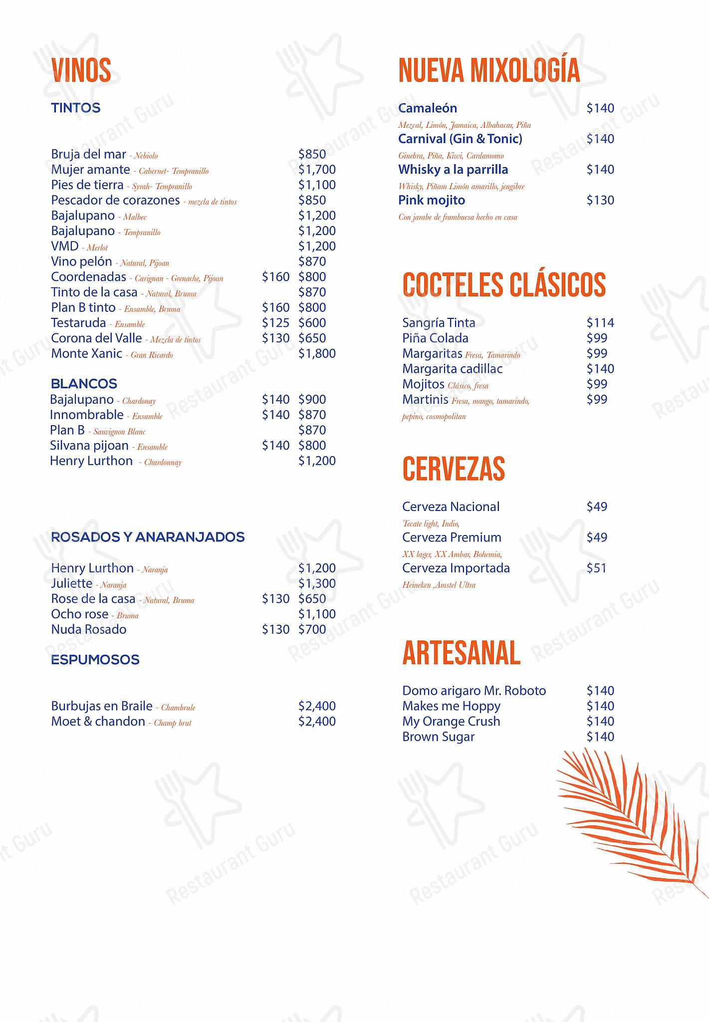 Carta de Villa Marina Restaurante Tijuana, Tijuana, P.º de los Héroes 4449