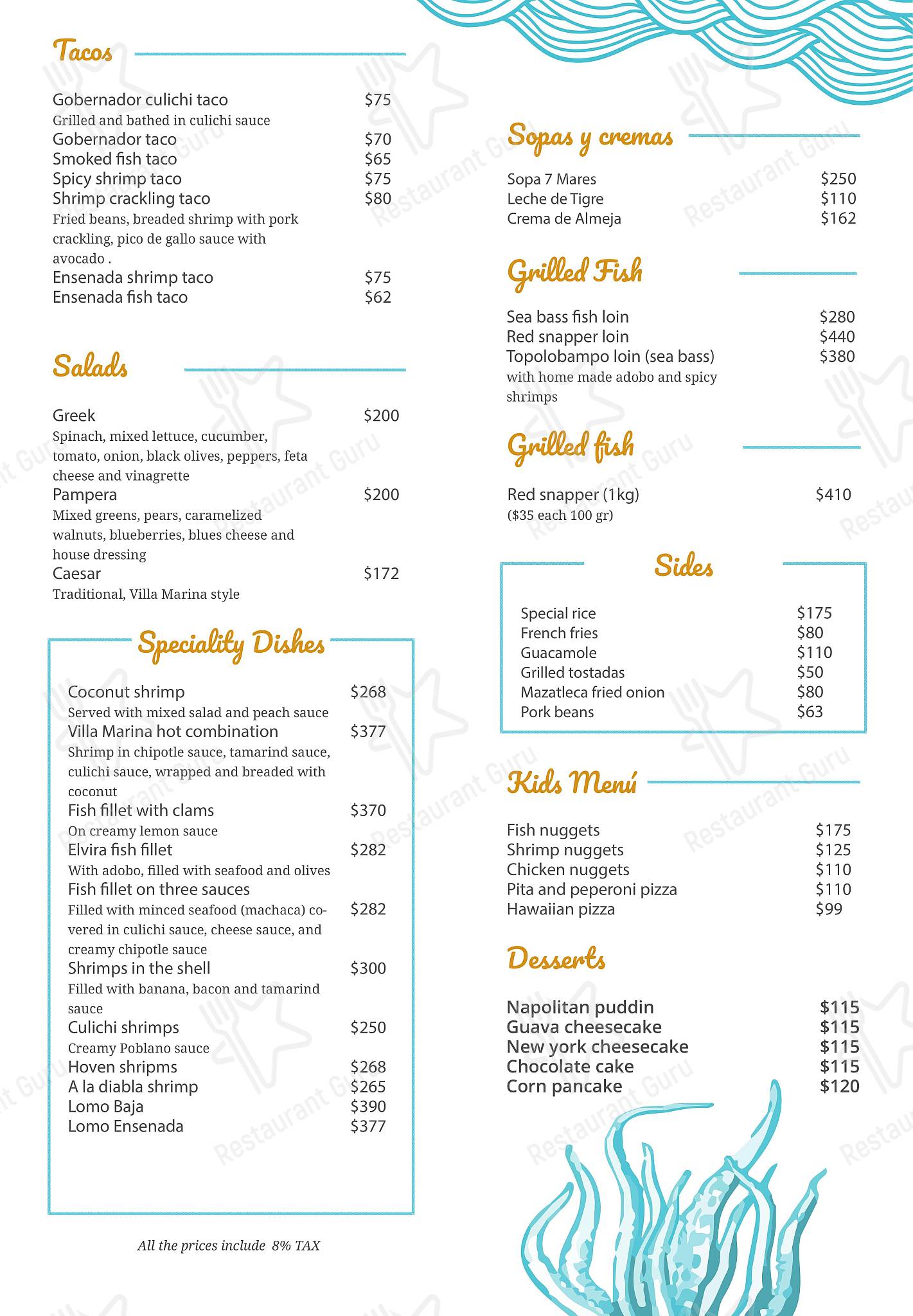 Carta de Villa Marina Restaurante Tijuana, Tijuana, P.º de los Héroes 4449
