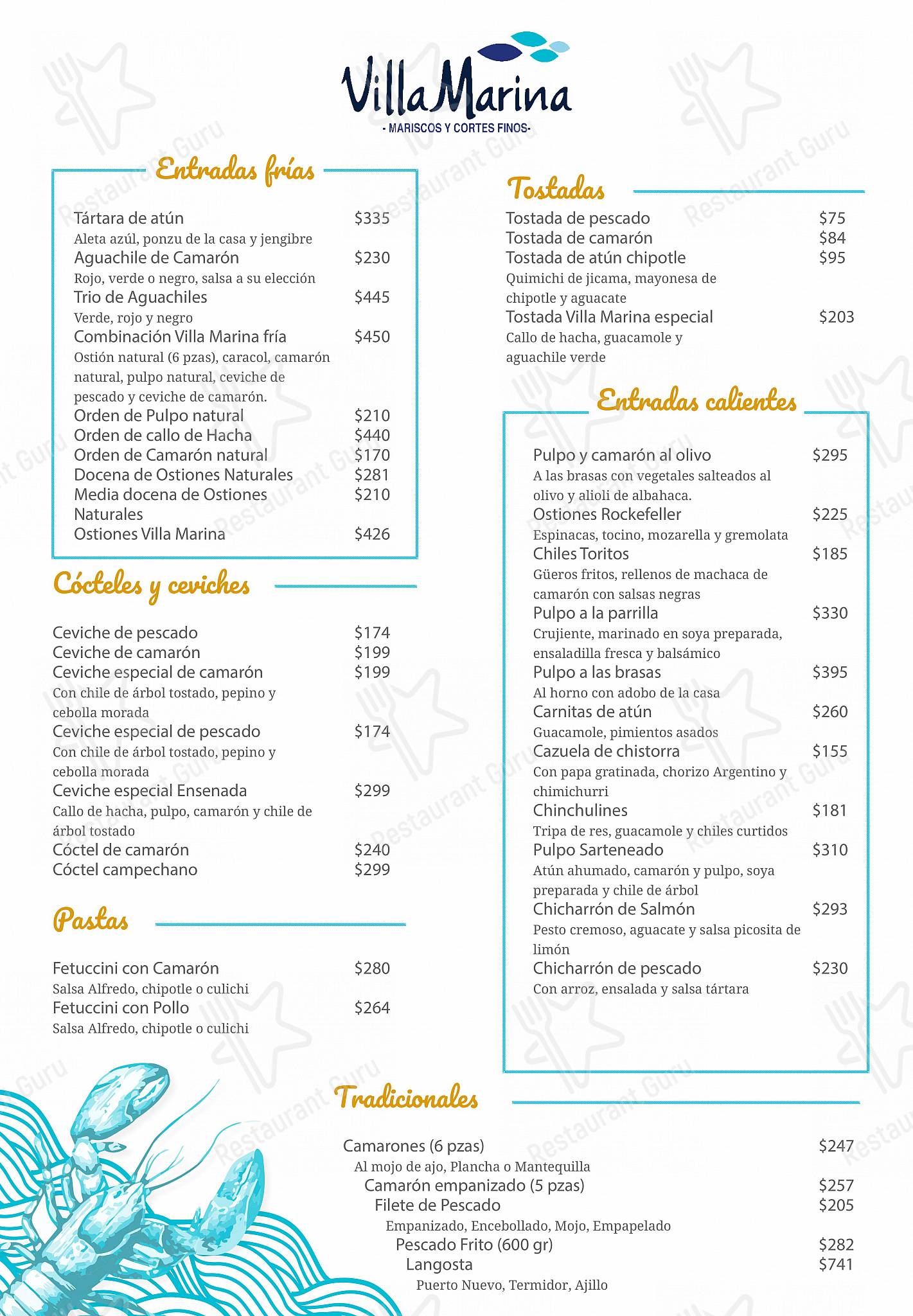 Carta de Villa Marina Restaurante Tijuana, Tijuana, P.º de los Héroes 4449