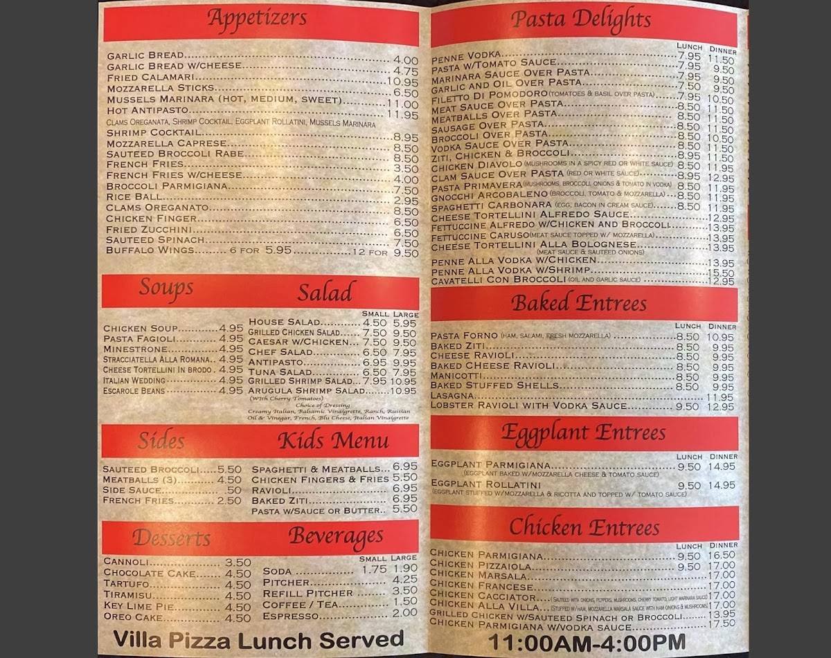 Menu at Villa Pizza & Restaurant, Holmdel