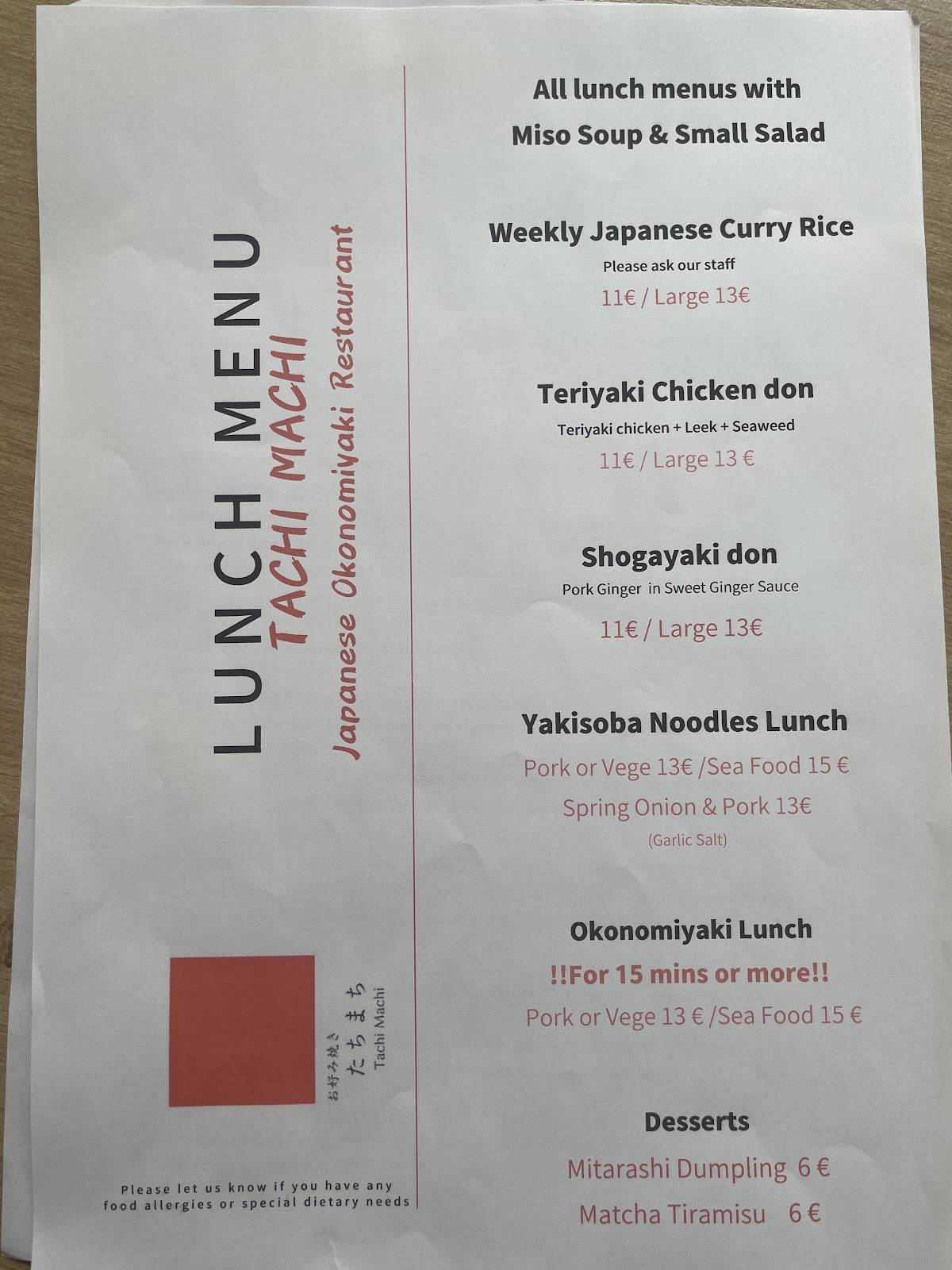 Menu at Tachi Machi restaurant, Vilnius