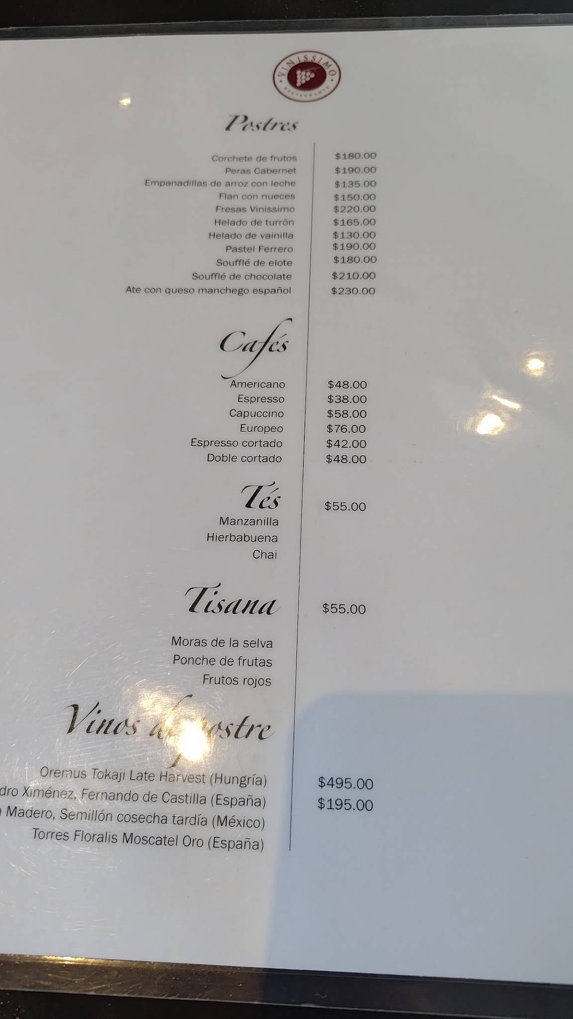 Carta del pub y bar Vinissimo, Xalapa Enríquez