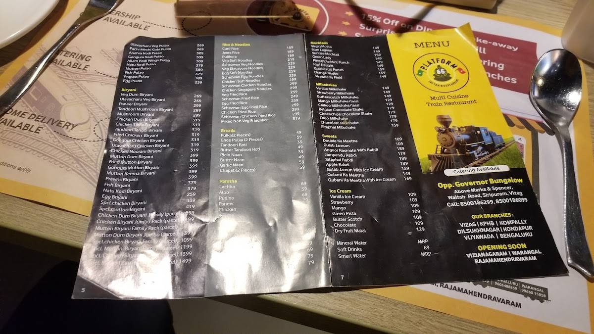 Menu at Platform65 The Train Theme Restaurant - Vizag, Visakhapatnam