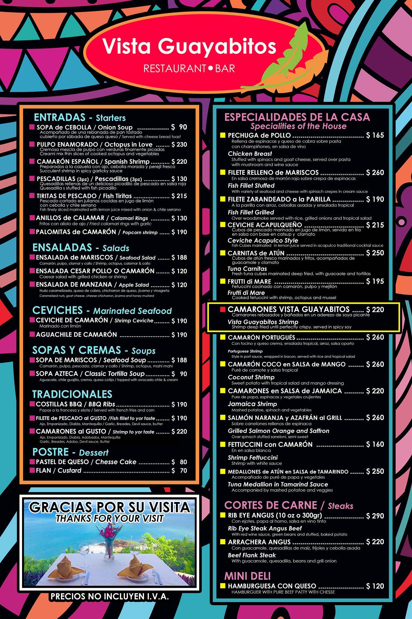 Menu at Vista Guayabitos restaurant, Rincón de Guayabitos