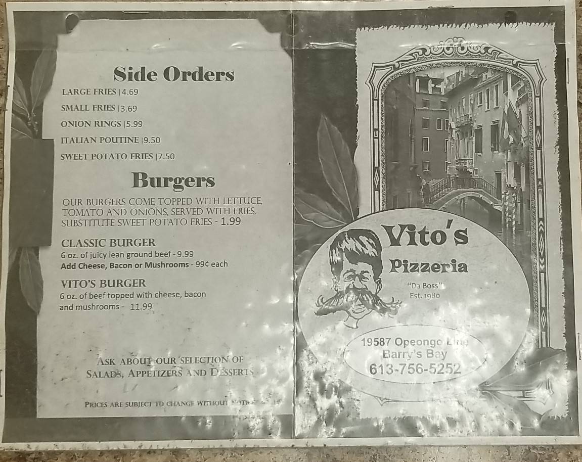 Menu at Vitos Pizzeria, Barry's Bay