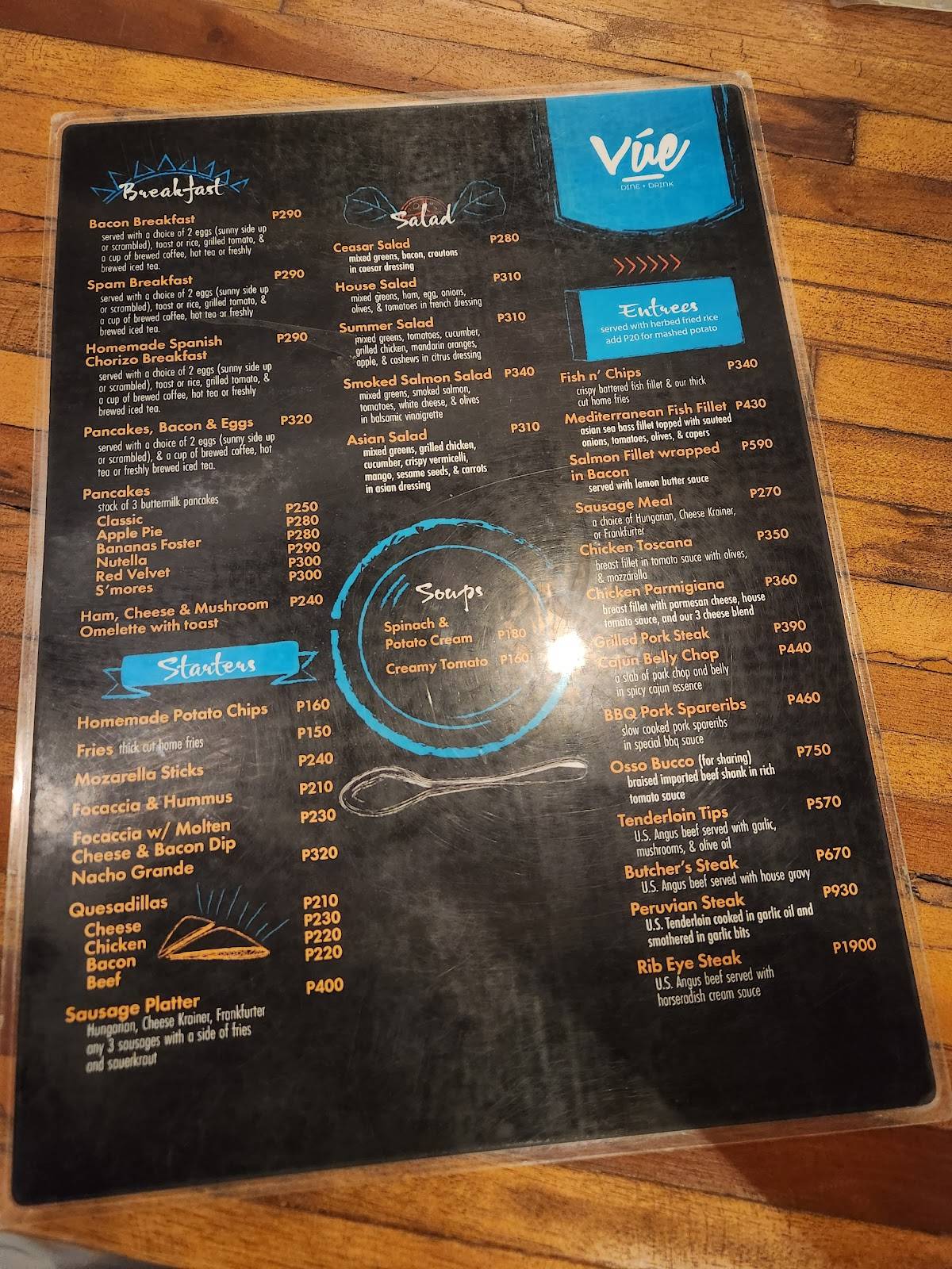 Menu at Vúe restaurant, Cebu City, 9VHF+35X