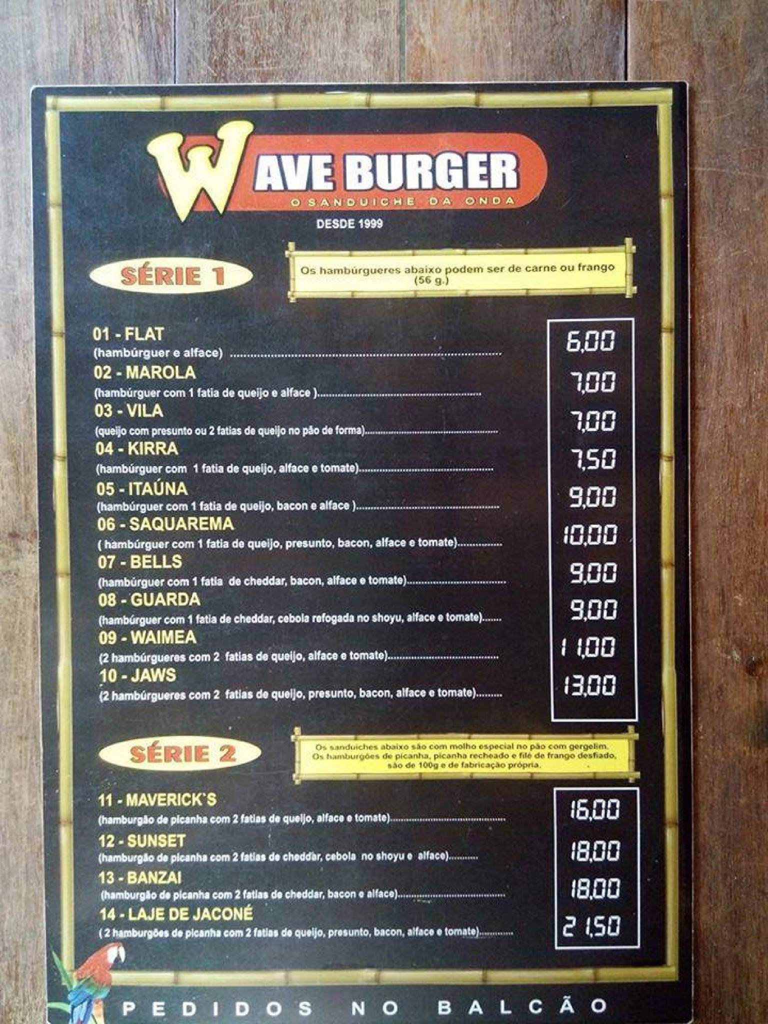 Menu at WAVE BURGER restaurant, Saquarema