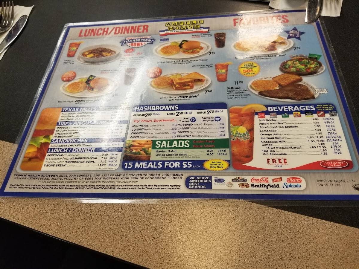 Menu at Waffle House restaurant, Fairburn, CAMPBELLTON