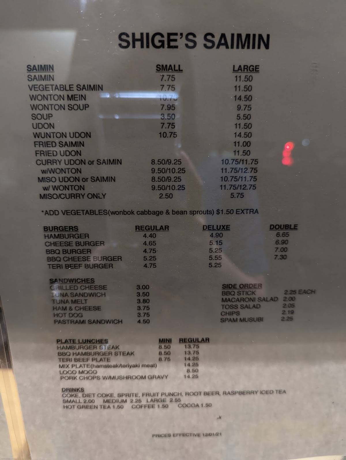 Menu at Shige's Saimin Stand restaurant, Wahiawa