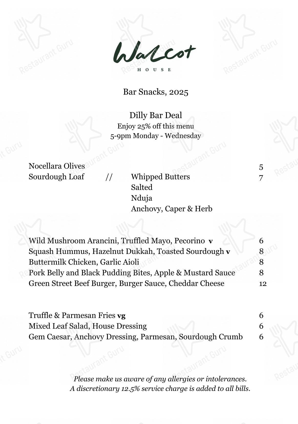 Menu at Walcot House restaurant, Bath