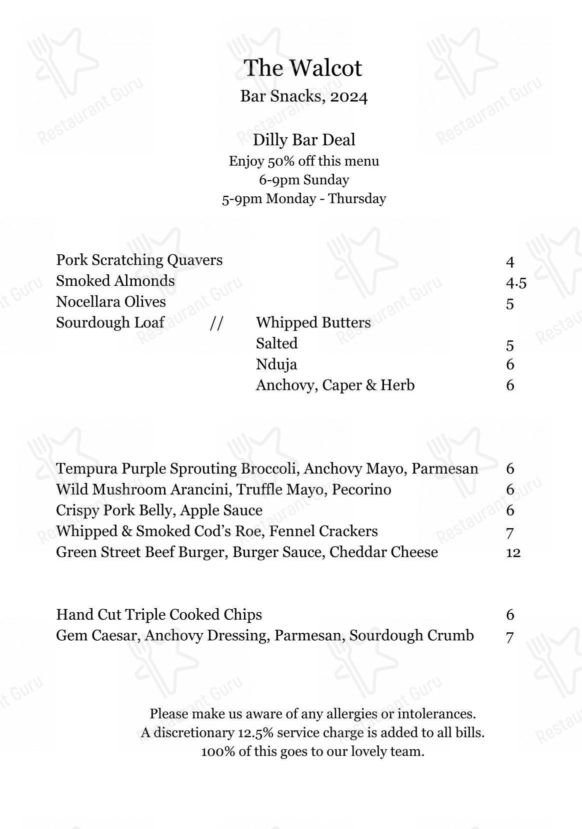 Menu at Walcot House restaurant, Bath