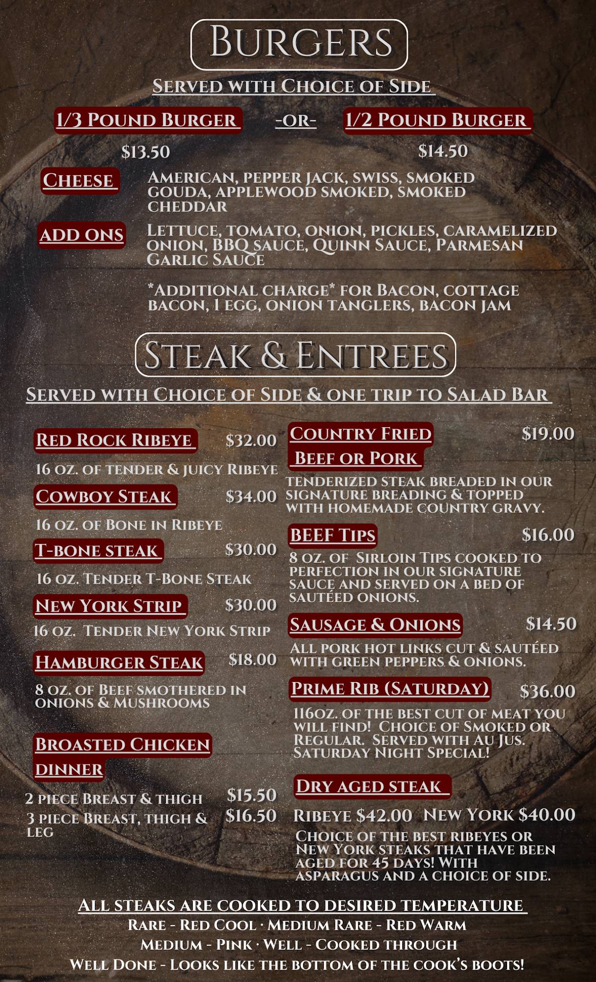 Menu at Red Rock restaurant, Wall
