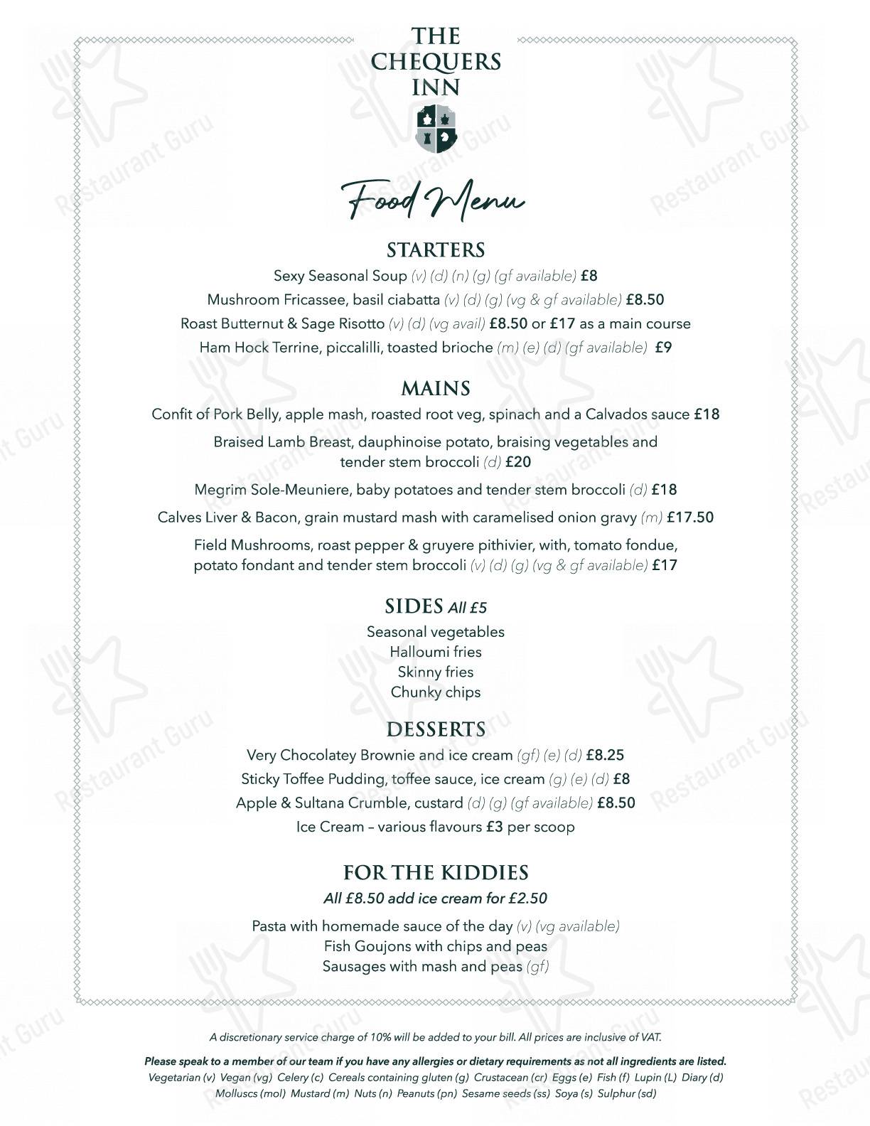 Menu at The Chequers Inn pub & bar, Wallingford, Berrick Salome
