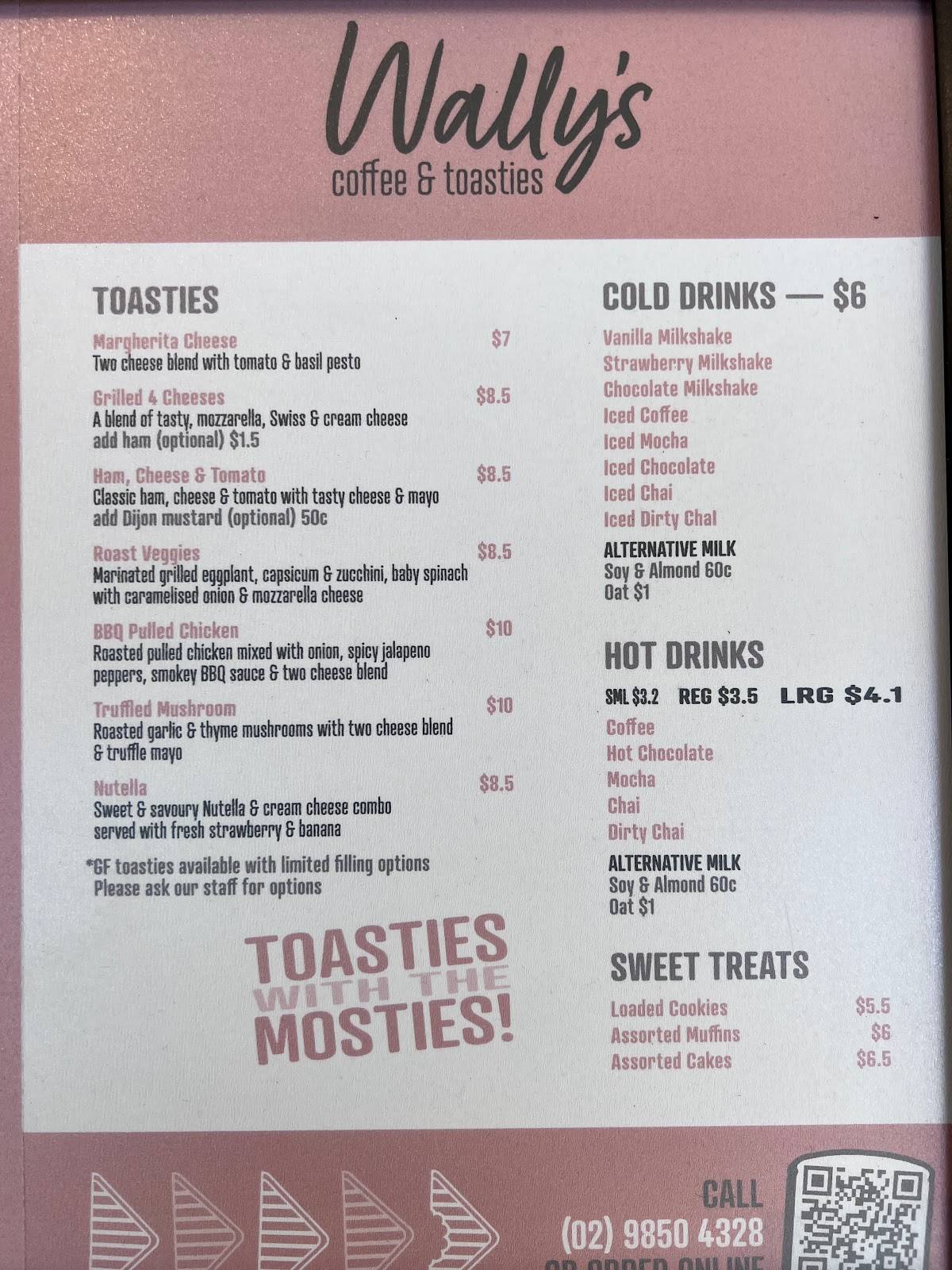 Menu at Wally's coffee & toasties cafe, Macquarie Park