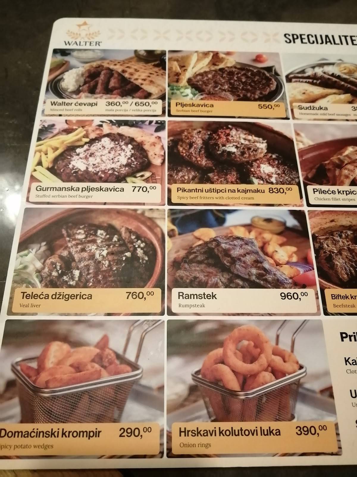 Speisekarte von Walter Sarajevski Cevap restaurant, Belgrad, Milisava ...