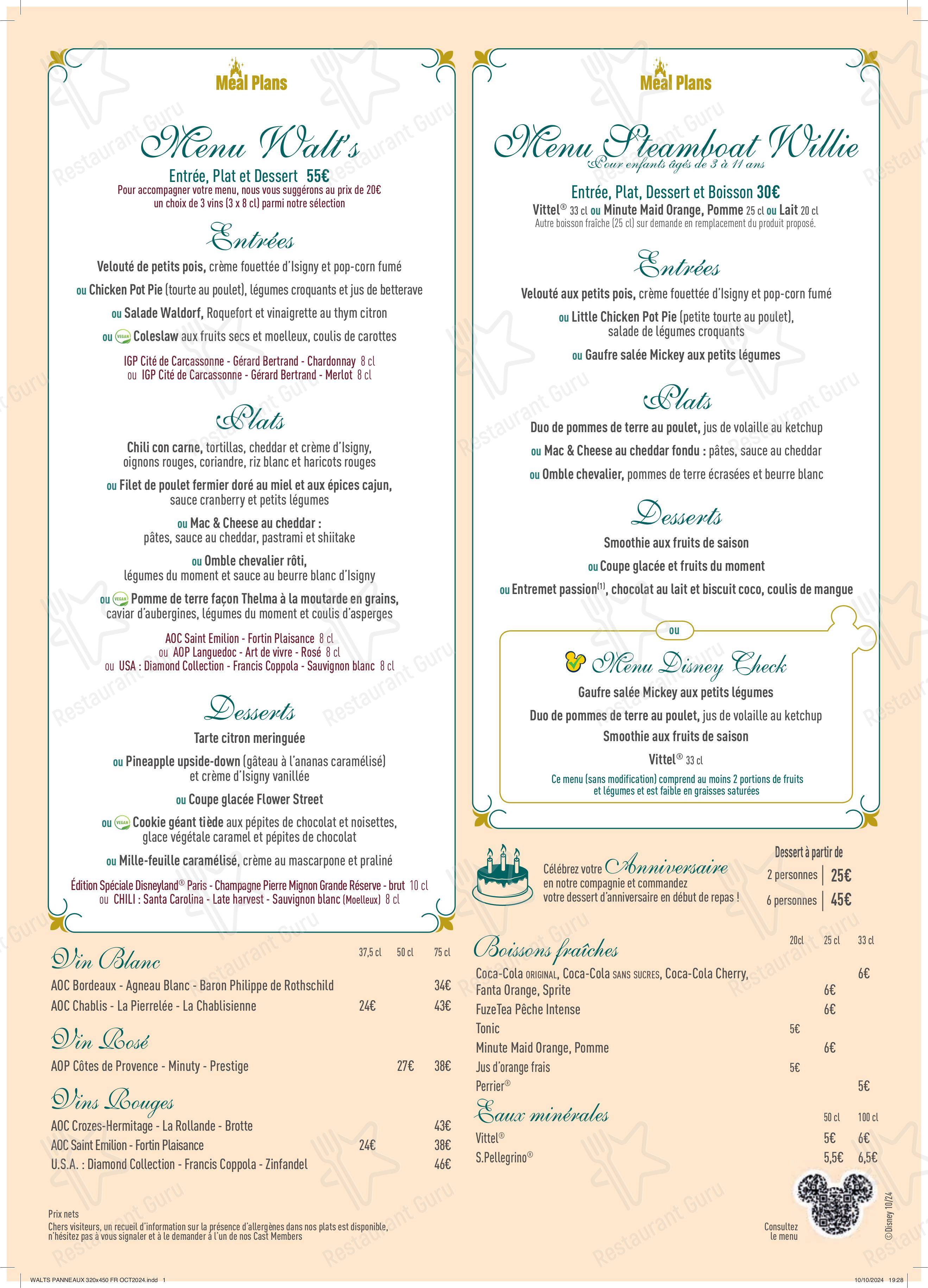 Menu at Walt's - an American Restaurant, Chessy