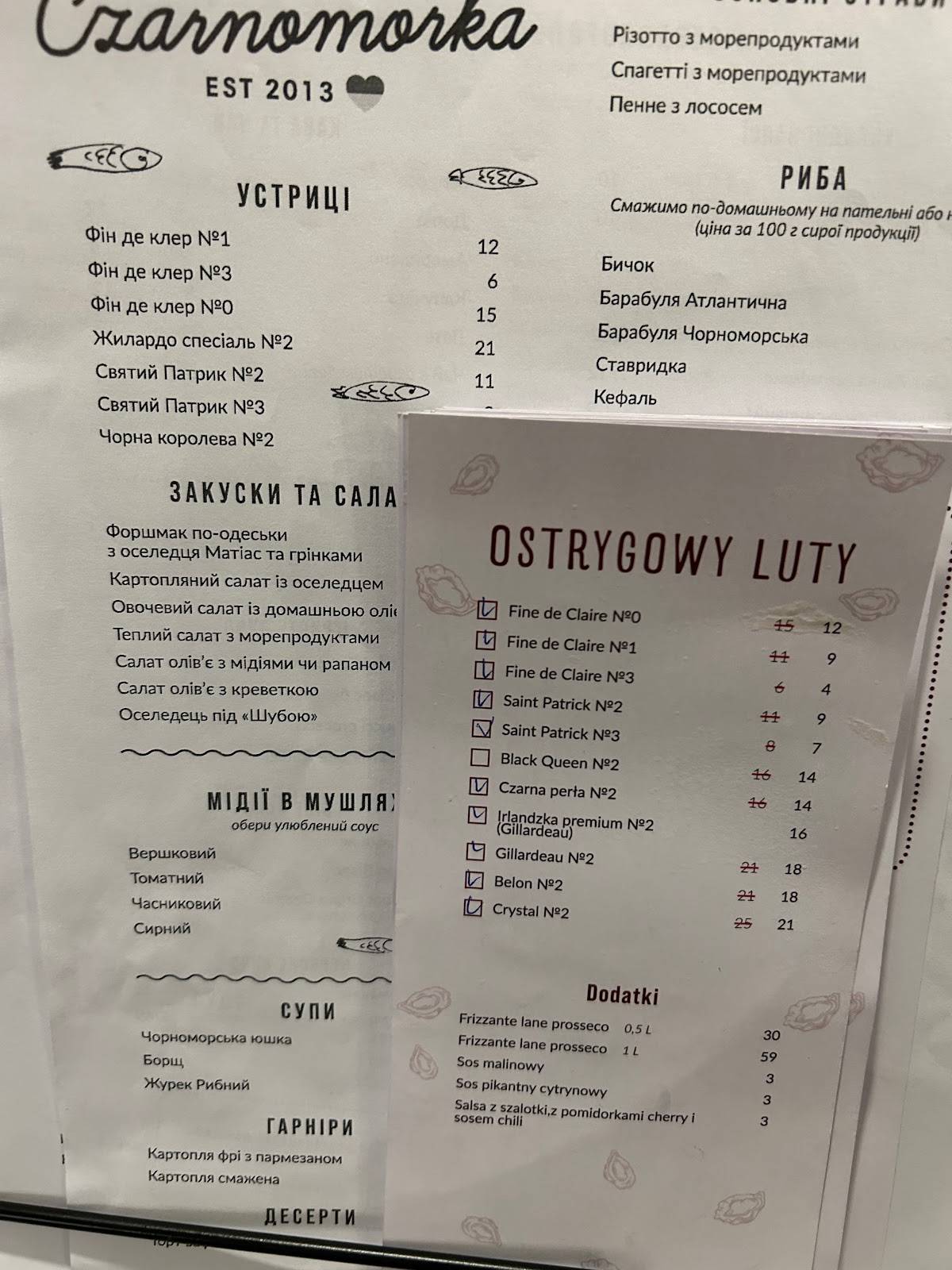Menu at Czarnomorka restaurant, Warsaw, Nowy Świat 49