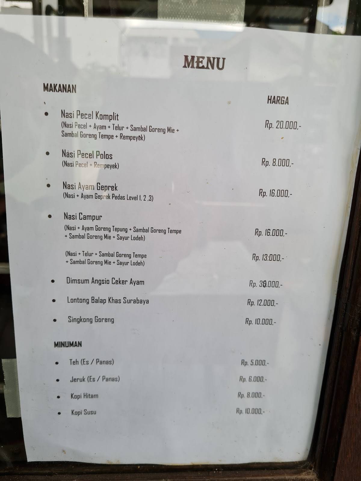 Menu at Warung Pecel Nusantara restaurant, Samarinda