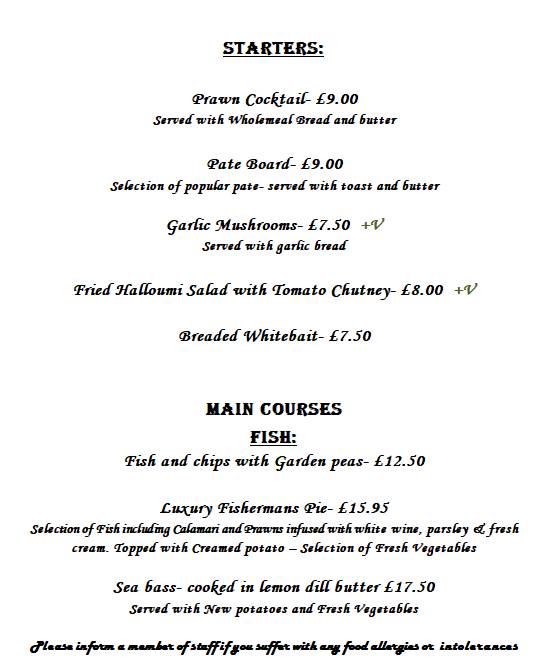 Menu at Waterfront Hotel restaurant, Deal
