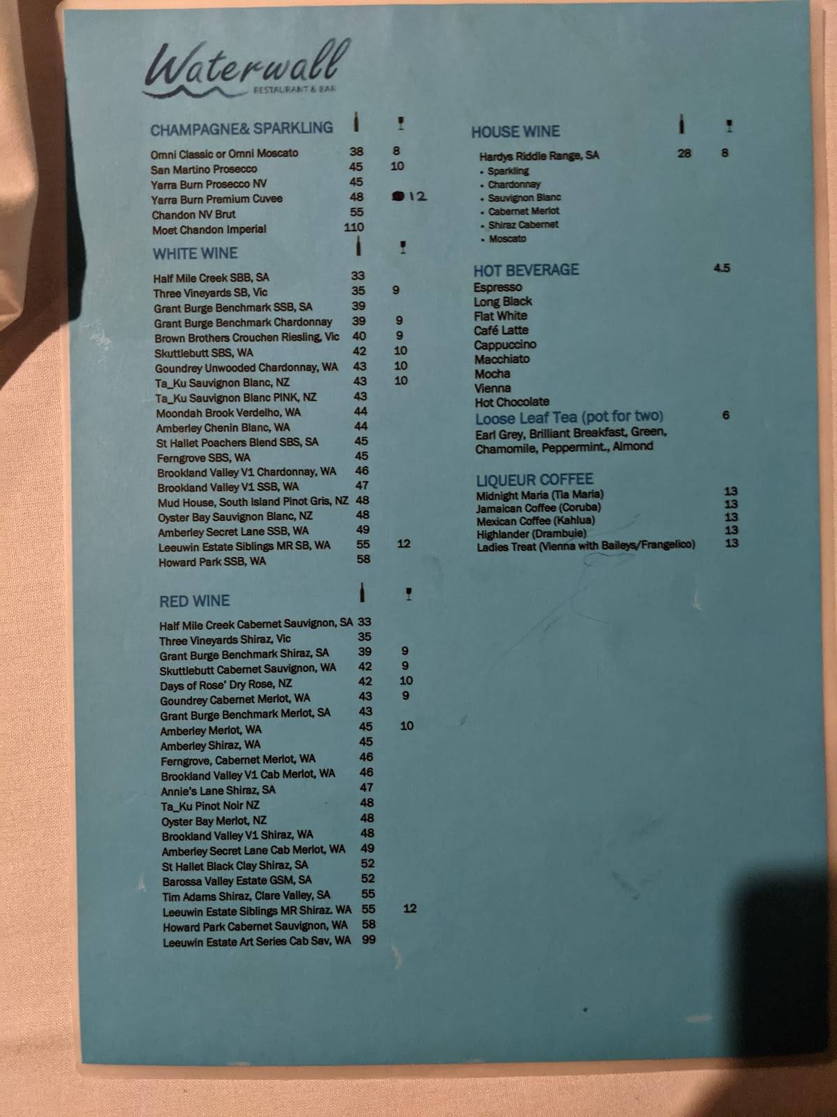 Menu at Waterwall Restaurant & Bar, Como, 112 Melville Parade