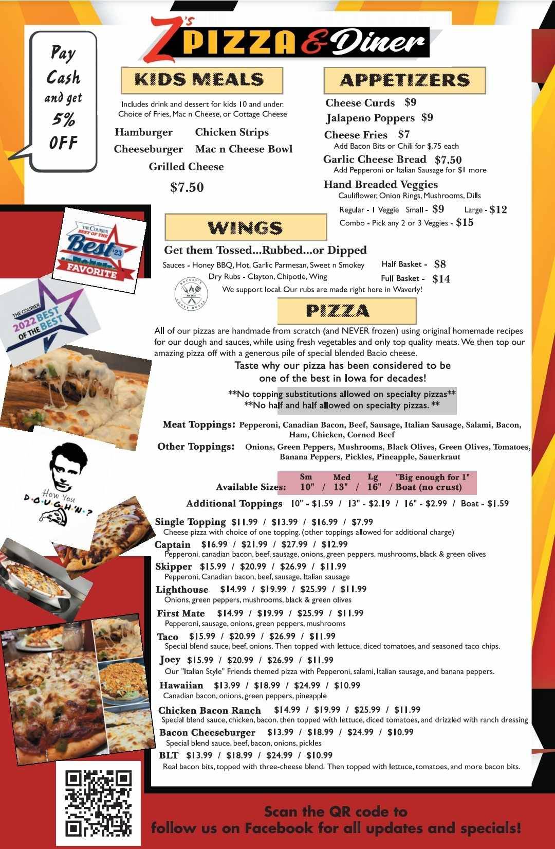 Menu at Z's Pizza & Diner pizzeria, Waverly