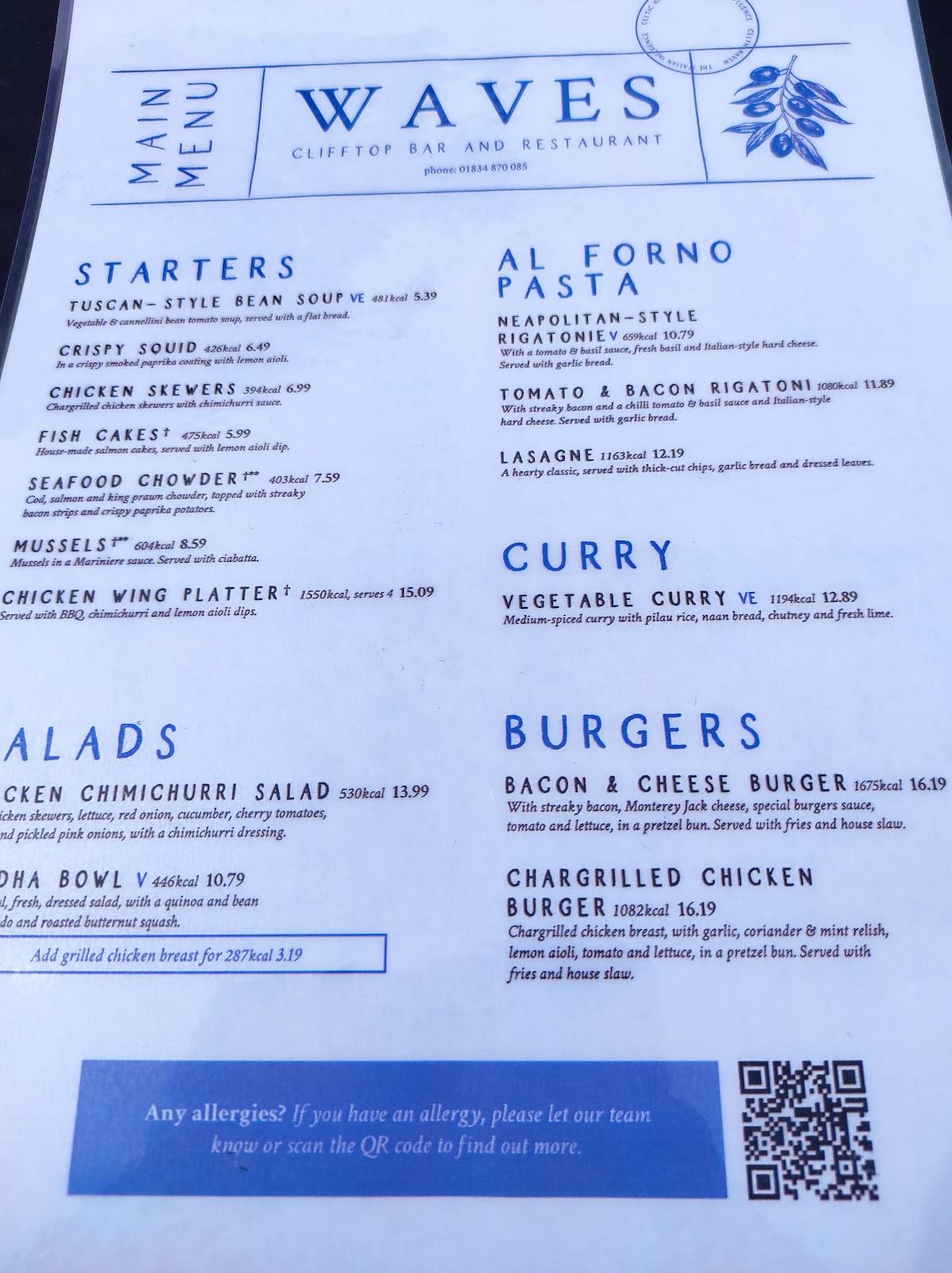 Menu at Waves Cliff-top Bar & Restaurant, Lydstep