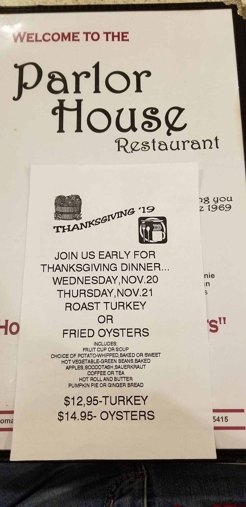 Menu at Parlor House restaurant, Waynesboro