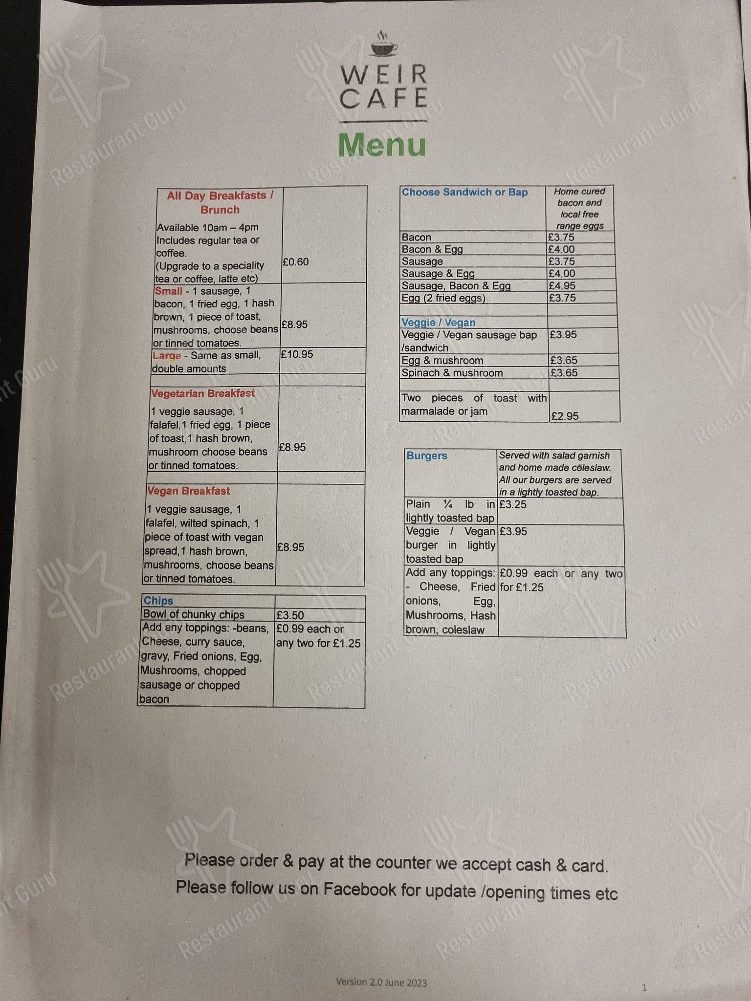Menu at Weir Cafe Shrewsbury, Shrewsbury