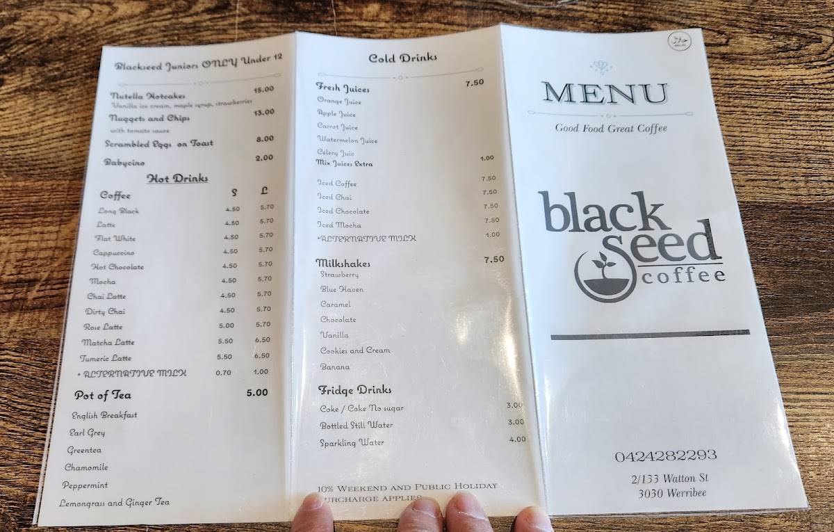 Menu at Black Seed Cafe, Werribee