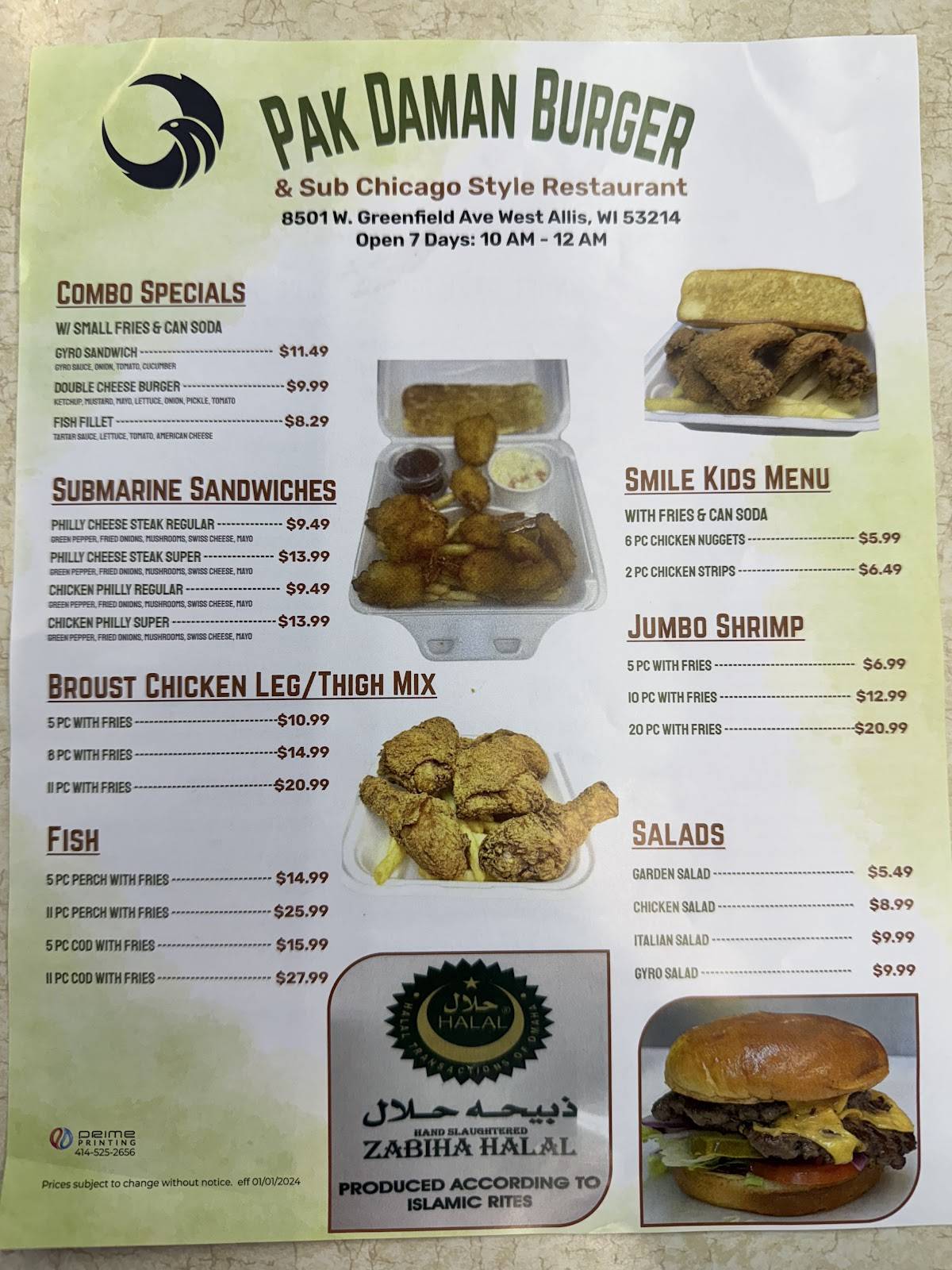 Menu at Pak Daman Burger & Sub restaurant, West Allis