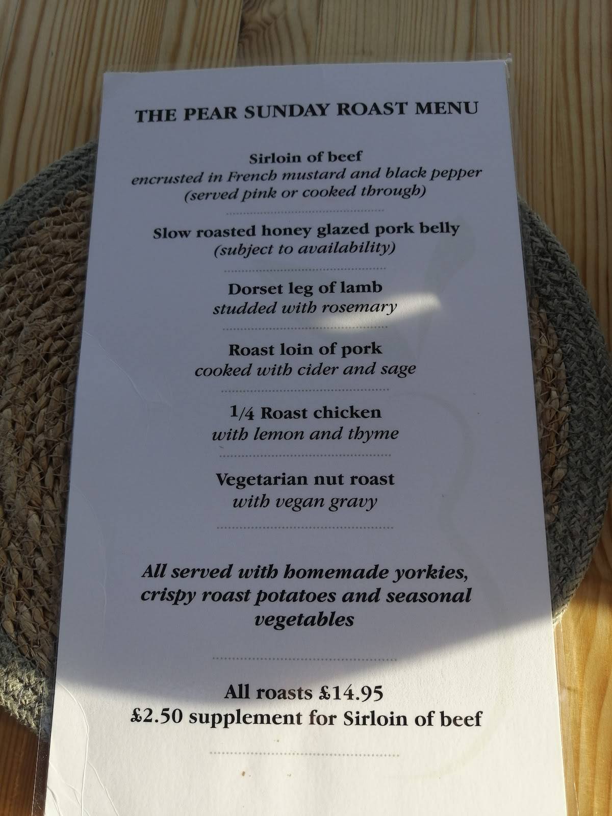 Menu at The Pear At Parley restaurant, West Parley