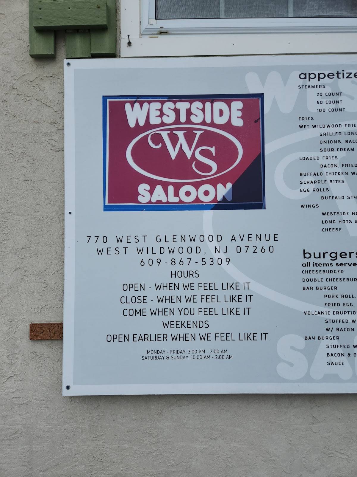 Menu at Westside Saloon pub & bar, West Wildwood