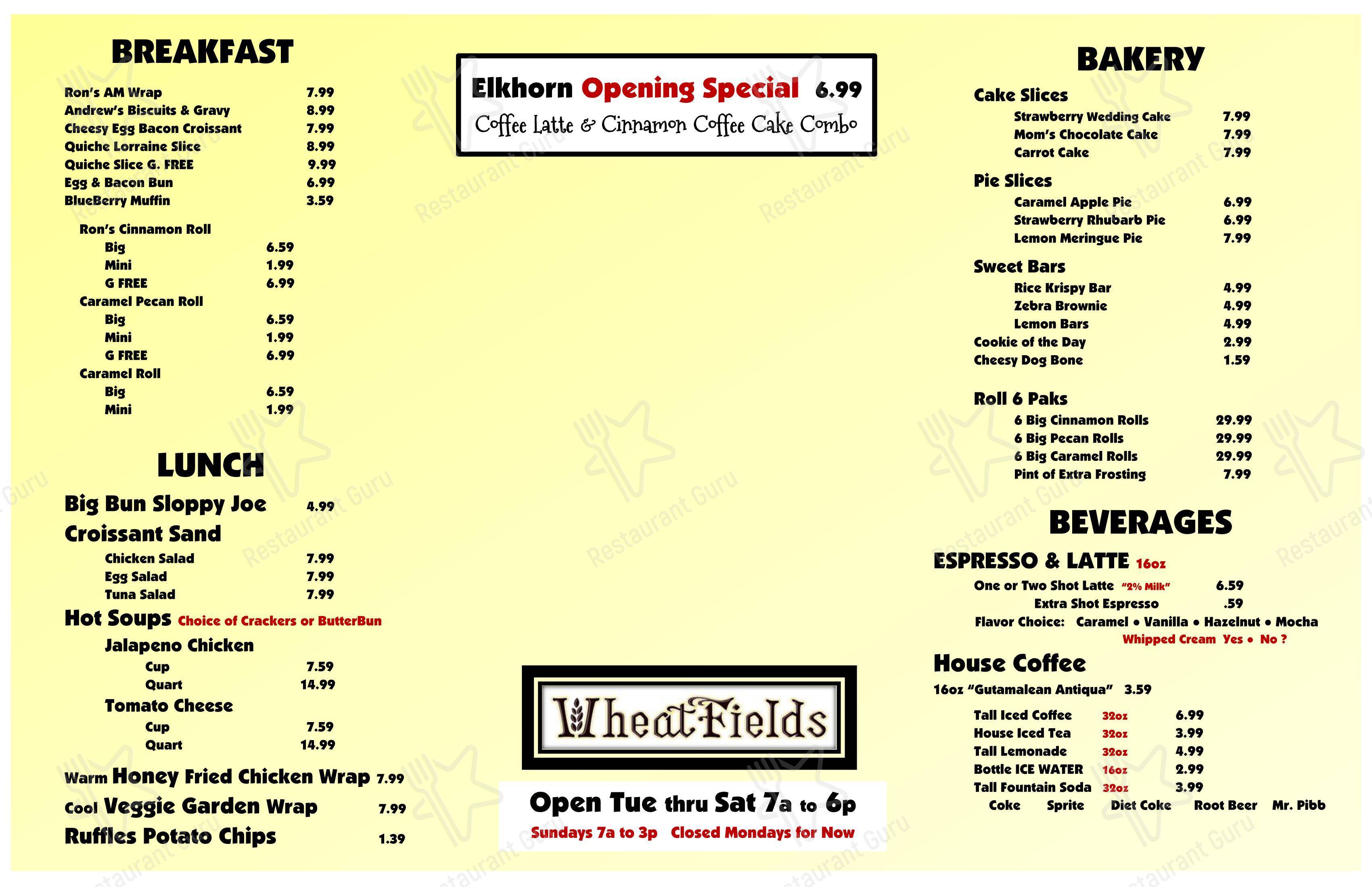Menu at WheatFields Eatery & Bakery, Omaha, S 103rd St