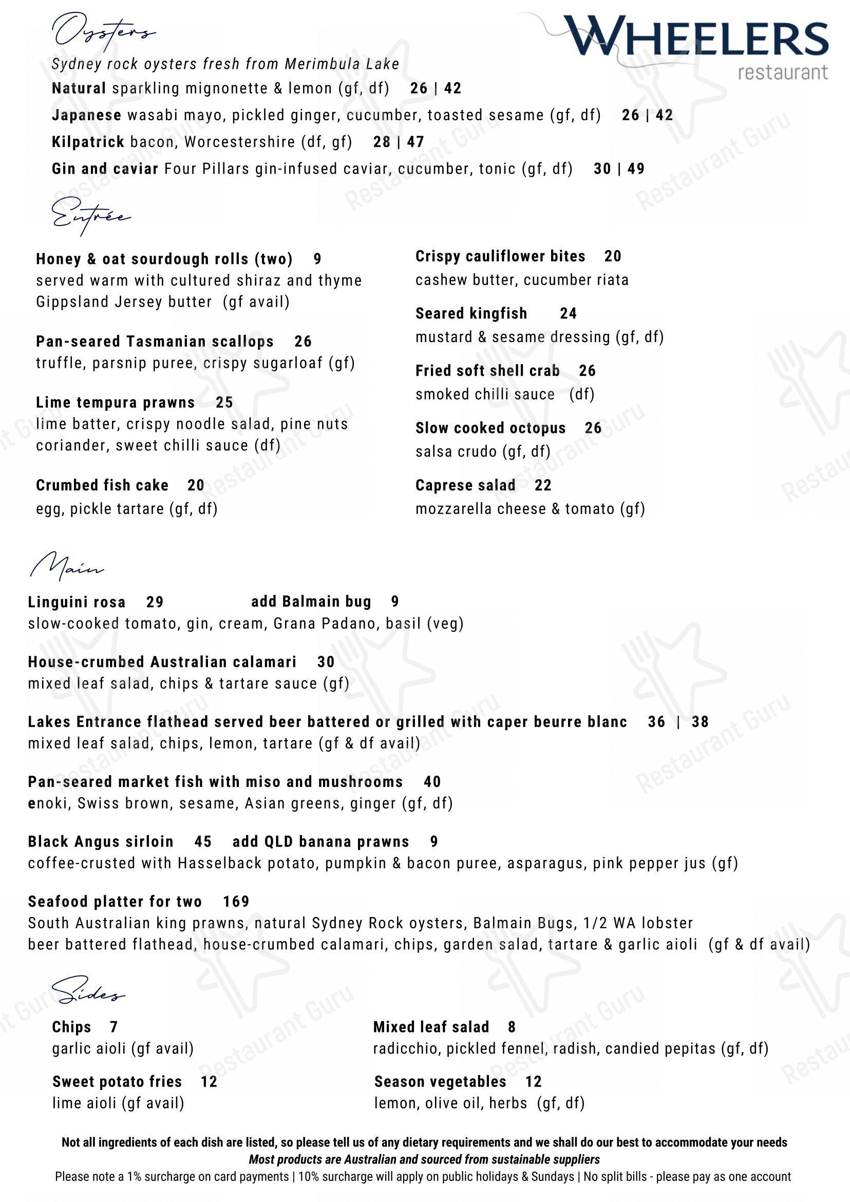 Carta de Wheeler's Seafood Restaurant & Oyster Bar, Pambula