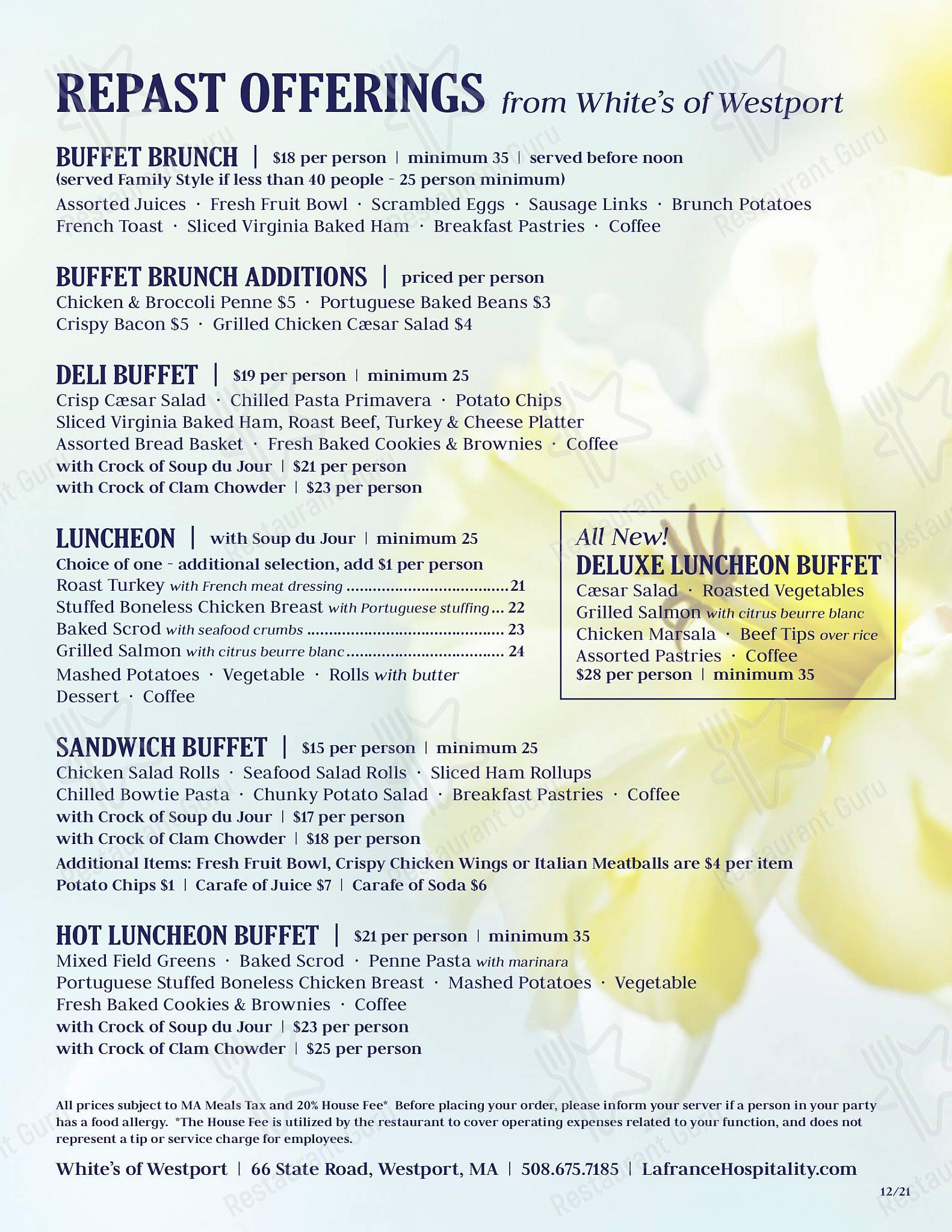 Menu at White's of Westport restaurant, Westport