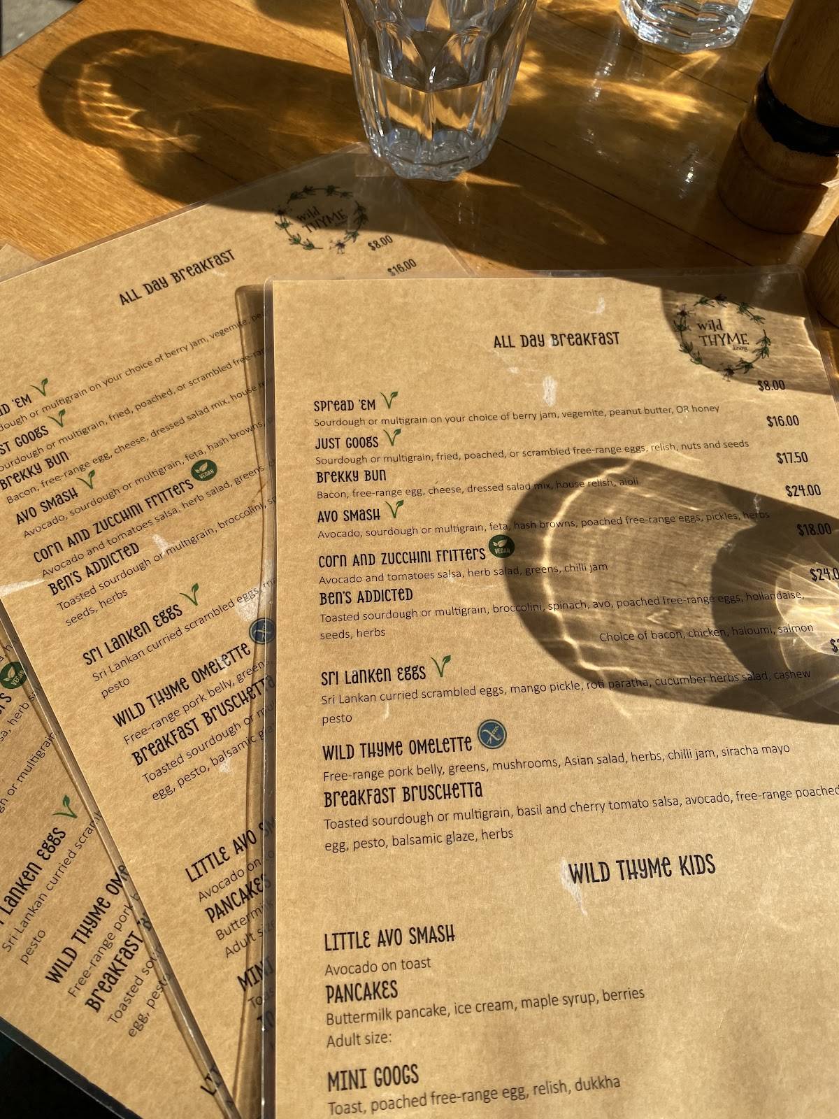 Menu at Wild Thyme Dining cafe, Murwillumbah