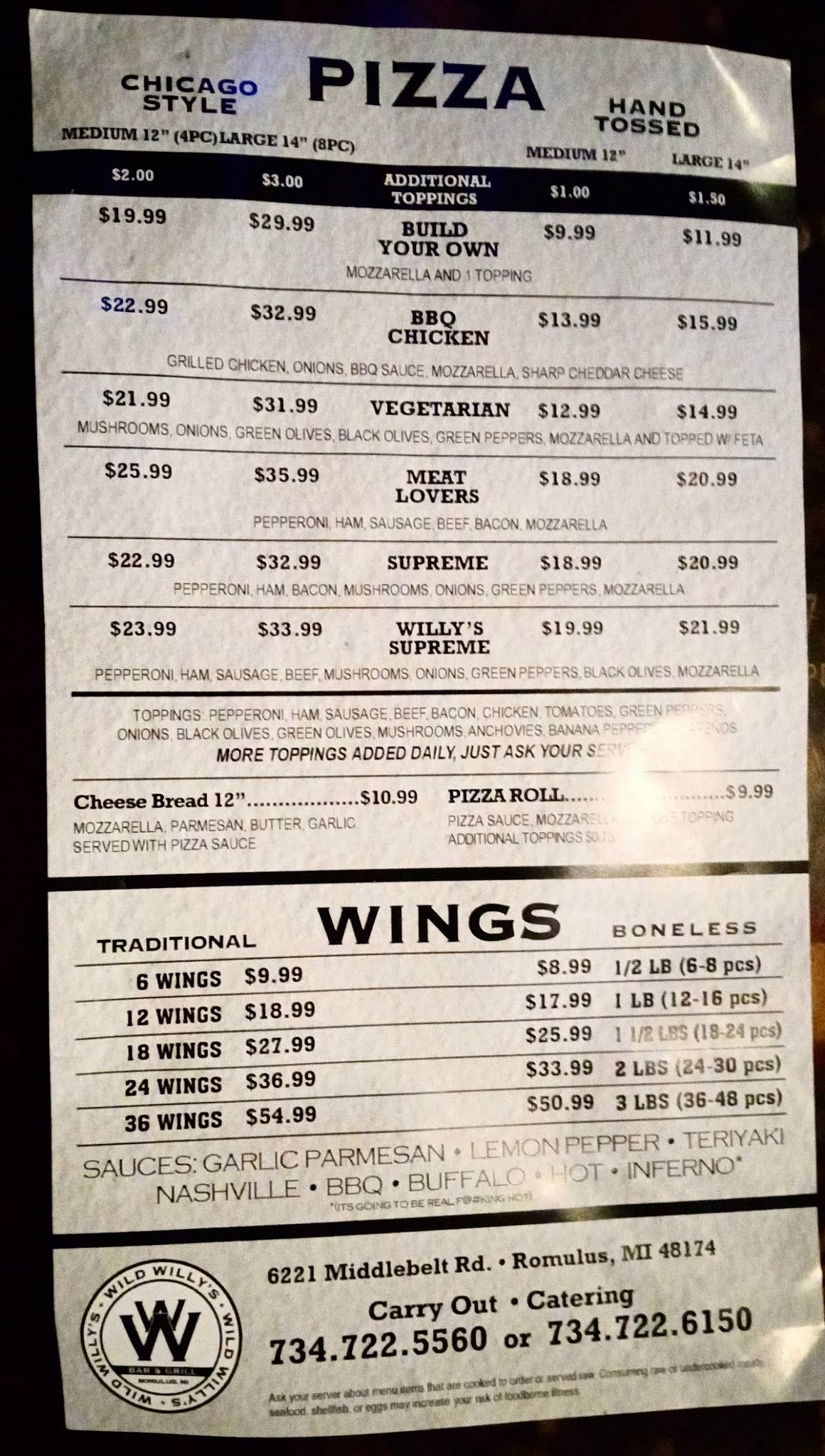 Menu at Wild Willy's Bar & Grill, Romulus