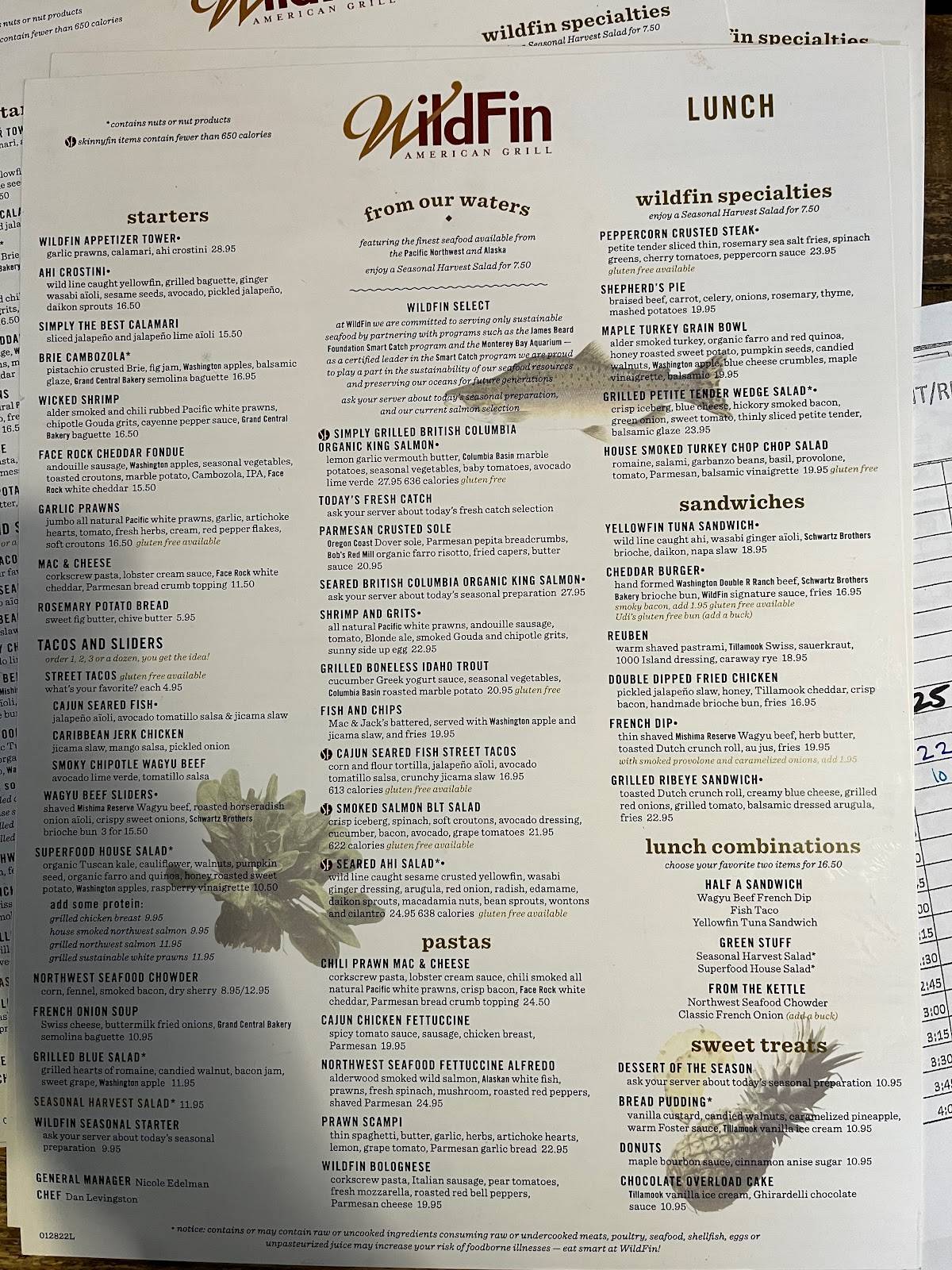 Menu at WildFin American Grill pub & bar, Tacoma