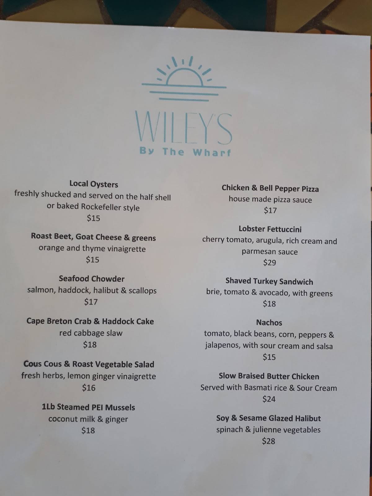 Menu at Wiley's by the Wharf restaurant, Wallace