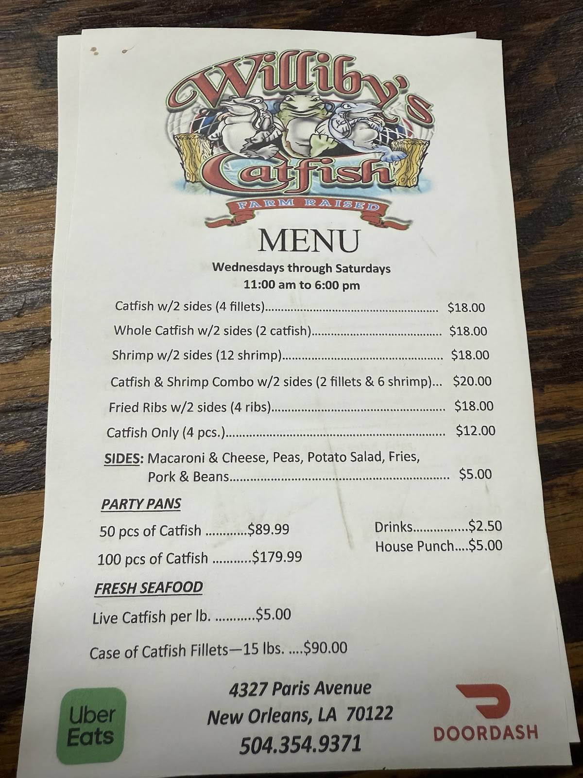 Menu at Williby's Catfish Fresh Catfish Restaurant, New Orleans