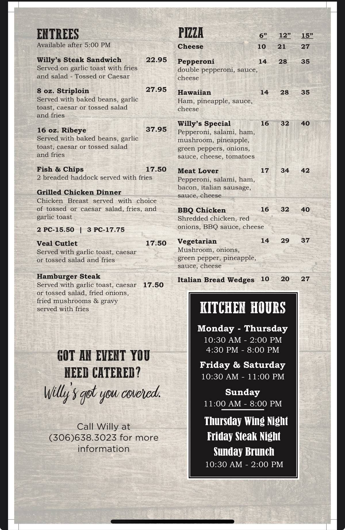 Menu at Willy's Roadhouse pub & bar, Bethune